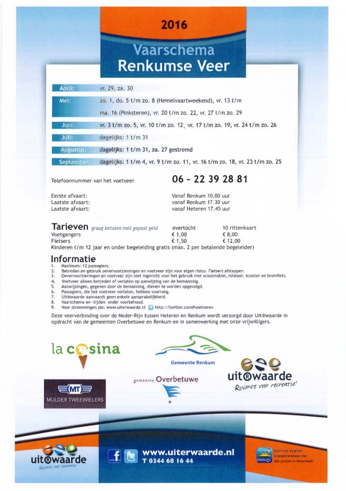 Vaarschema Renkumse Veer 2016 – De natuur van het Renkums Beekdal